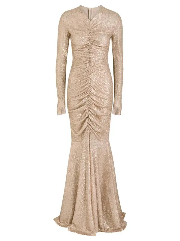 Norma Kamali Sequined Ruched Gown - Beige