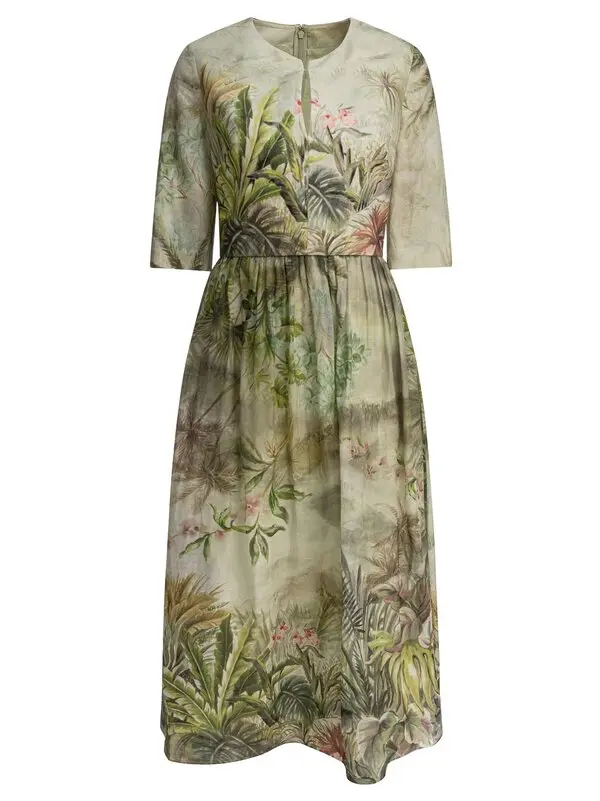 Elie Saab Printed Linen And Silk Midi Dress - Green