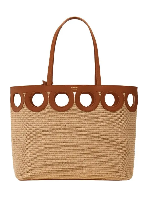 FERRAGAMO Gancini Outline Raffia Tote Bag - Beige