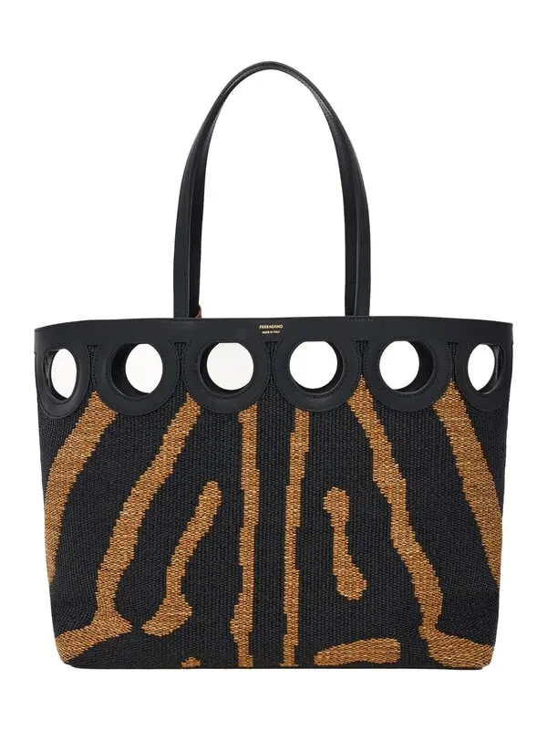 FERRAGAMO Gancini Outline Raffia Tote Bag - Black