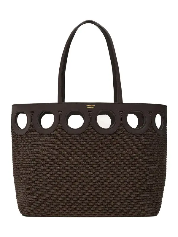 FERRAGAMO Gancini Outline Raffia Tote Bag - Brown