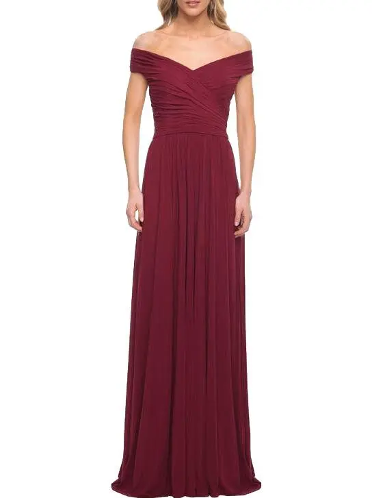 LABOMME Off The Shoulder Net Jersey Long Gown With Ruching - Wine