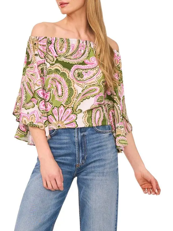 Vince Camuto Off-the-shoulder Flutter Sleeve Top - Green Multi