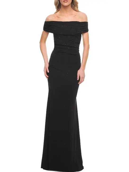 LABOMME Beaded Jersey Off-the-shoulder Gown - Black