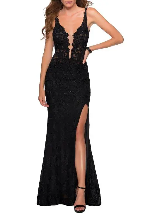 LABOMME Lace Column Gown With Plunging Neckline - Black