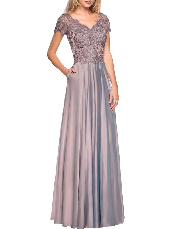 La Femme Long Chiffon Dress With Lace Bodice And Pockets - Cocoa