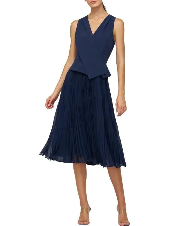 KAY UNGER Orella Pleated Mixed Media Cocktail Dress - Dark Midnight
