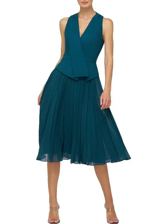 KAY UNGER Orella Pleated Mixed Media Cocktail Dress - Ink