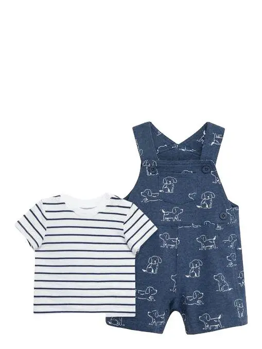 LITTLE ME Puppies Cotton T-shirt & Overalls Set - Blue