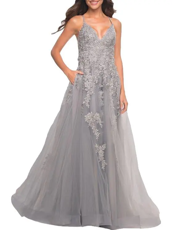 La Femme Tulle Ball Gown With Lace Embroidery - Silver