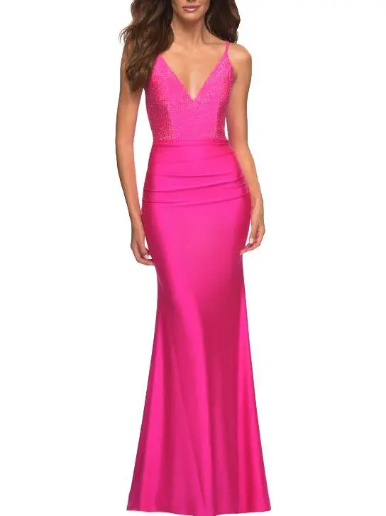 LABOMME Rhinestone-beaded Jersey Gown - Neon Pink