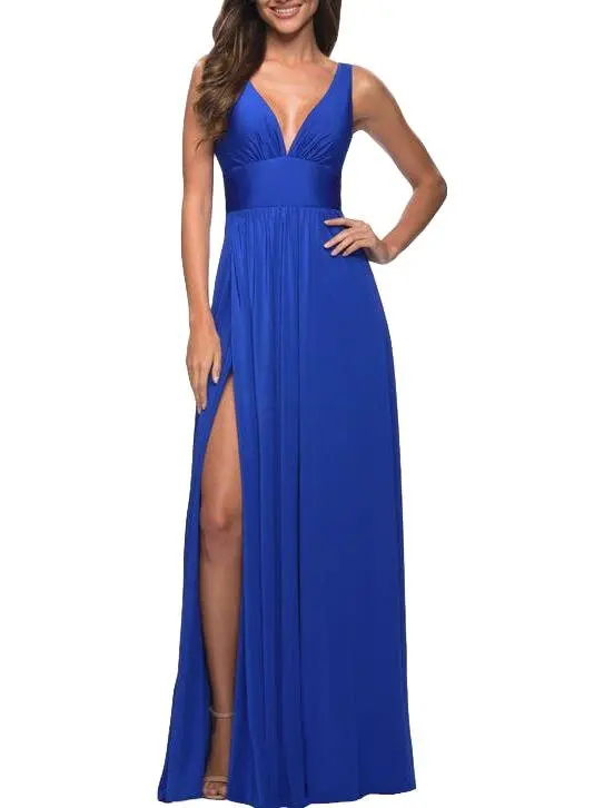 LABOMME Empire Waist Column Gown With Deep V-neckline - Royal Blue