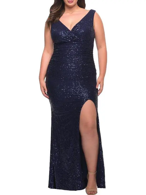 La Femme Sequin Gown With Slit - Navy