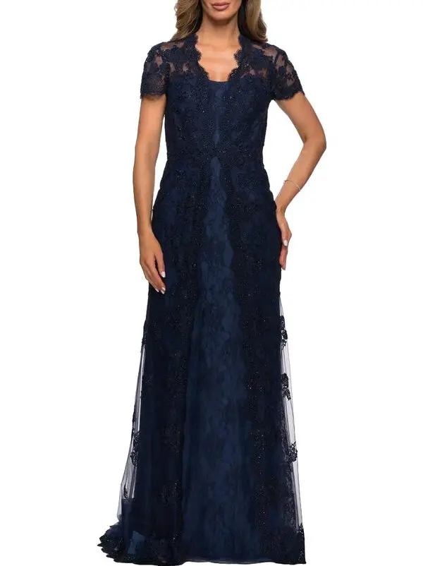 LABOMME Lace Evening Gown With Scalloped Detailing - Navy