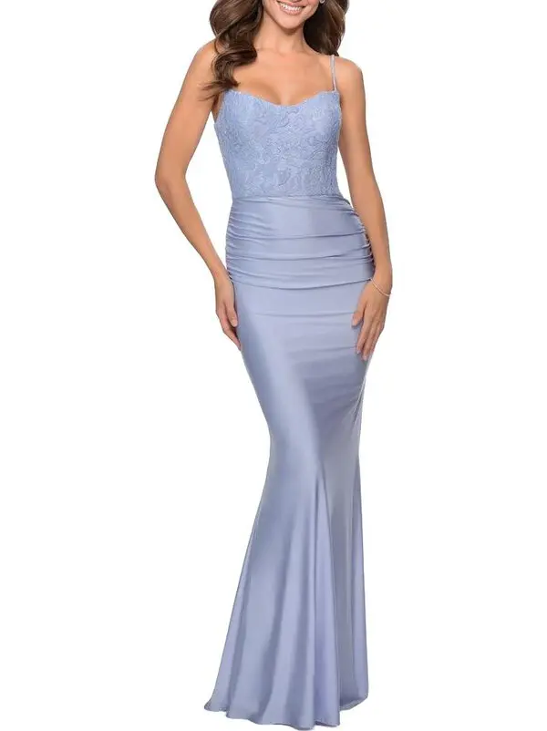 La Femme Jersey Prom Gown With Lace Bodice - Light Periwinkle