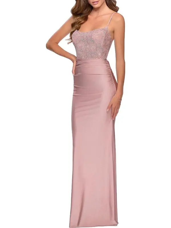 LABOMME Jersey Prom Gown With Lace Bodice - Mauve