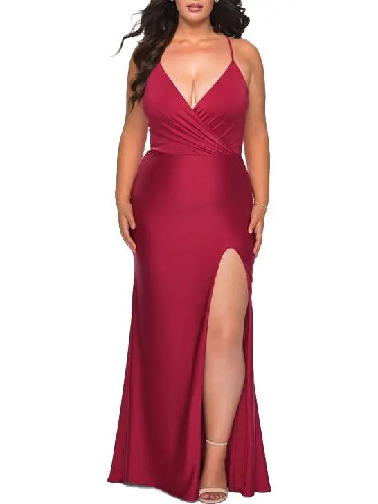 LABOMME Jersey Gown With Slit And Criss-cross Back - Red