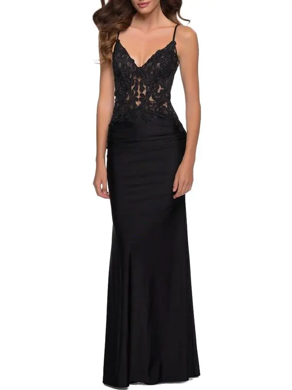 LABOMME Jersey Gown With Lace Bodice - Black