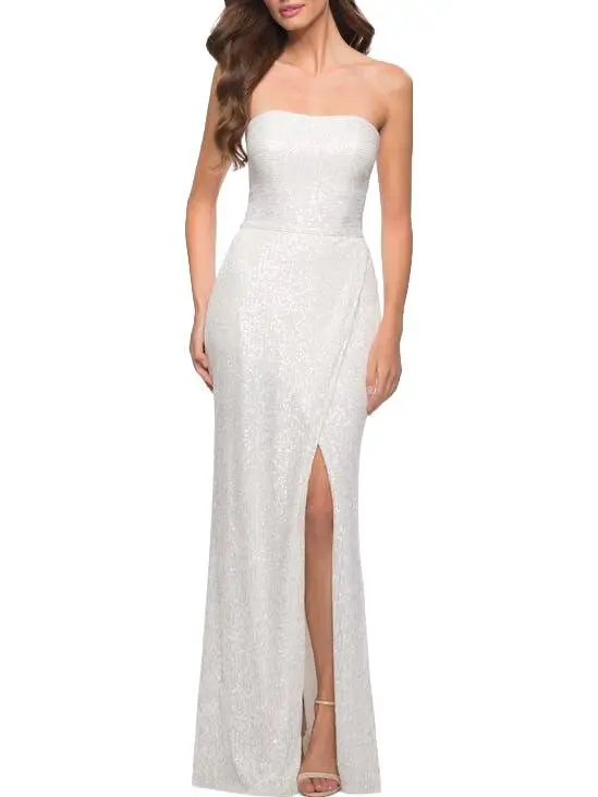 LABOMME Sequin Strapless Gown With Criss-cross Straps - White