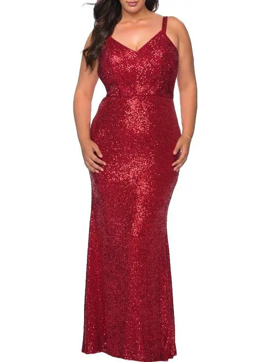 LABOMME Sequined Gown With Criss Cross Back - Red