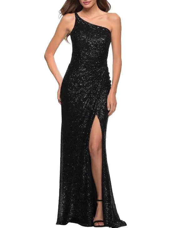LABOMME Sequin Gown With One-shoulder Top And Open Back - Black