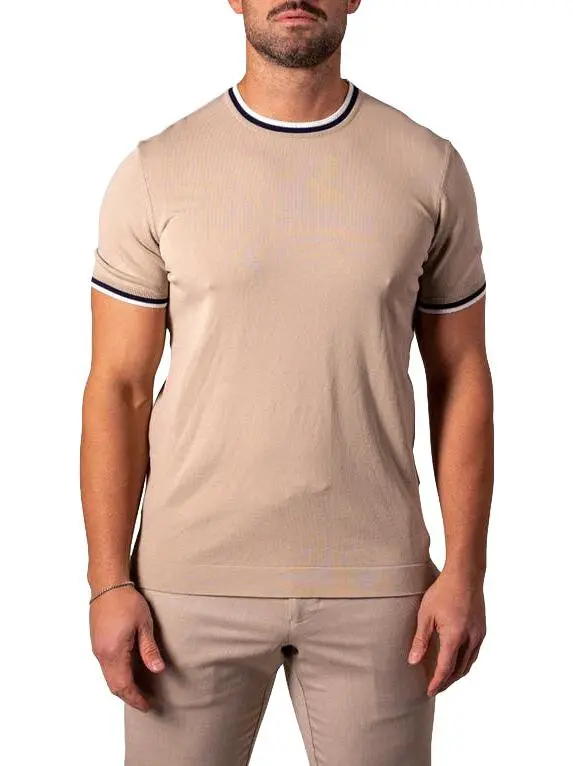 MACEOO Tipped Short Sleeve Sweater - Light Brown