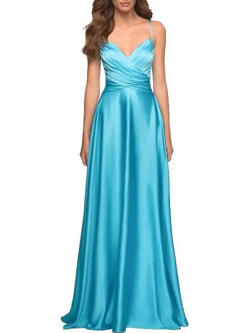 LABOMME Satin Gown With Criss-cross Bodice - Cloud Blue