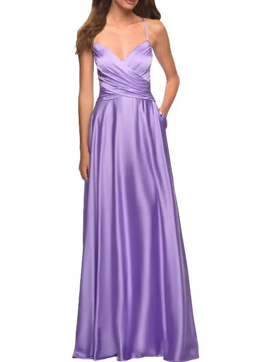 La Femme Satin Gown With Criss-cross Bodice - Lavender