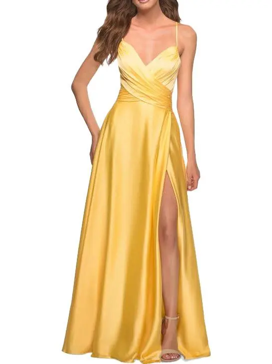 LABOMME Satin Gown With Criss-cross Bodice - Yellow