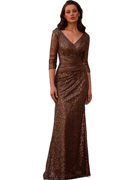 LABOMME Sequin Gown With Three-quarter Sleeves - Bronze