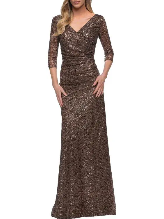 La Femme Sequin Gown With Three-quarter Sleeves - Bronze