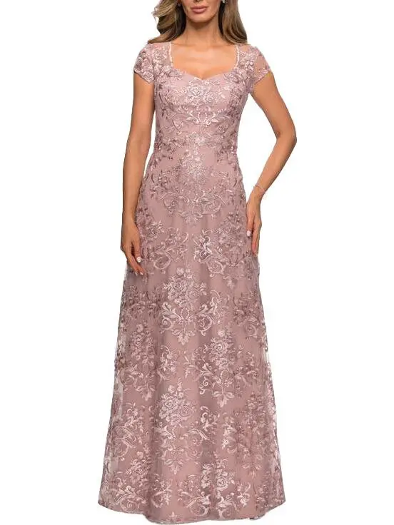 LABOMME Cap Sleeve Floral Gown With Sweetheart Neckline - Mauve