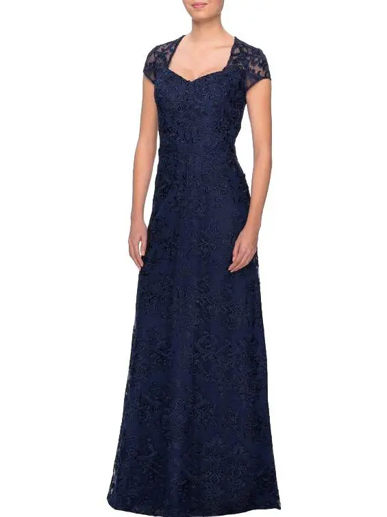 La Femme Cap Sleeve Floral Gown With Sweetheart Neckline - Navy