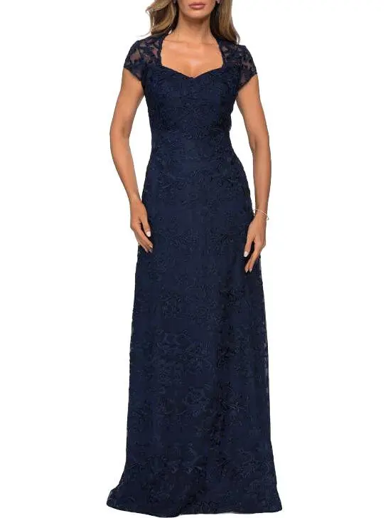 La Femme Cap Sleeve Floral Gown With Sweetheart Neckline - Navy