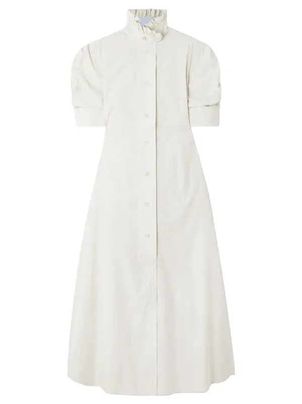 Thierry Colson Venetia Ruffled Pinstriped Midi Dress - White