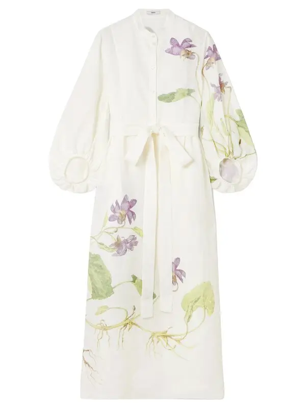 Erdem Belted Floral-print Linen Midi Dress - White