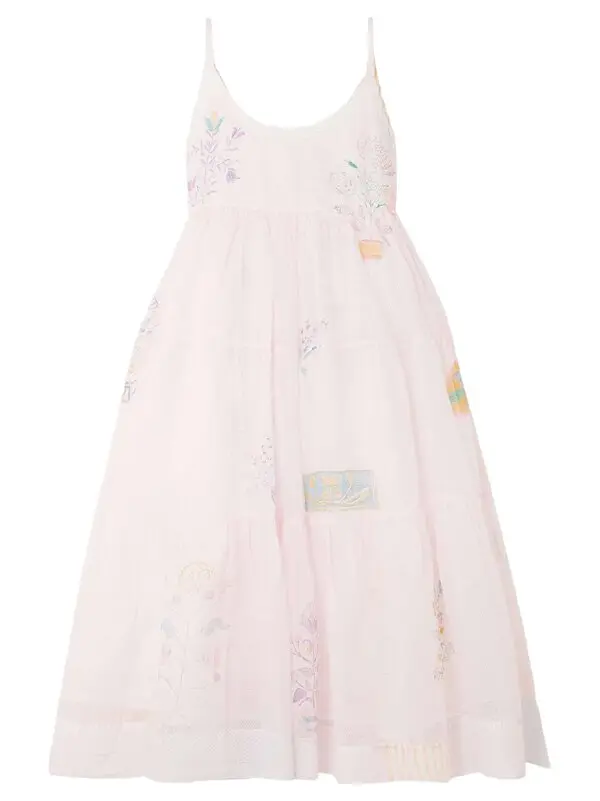EKA Ikumi Tiered Printed Cotton Kota Doriya Midi Dress - Pink
