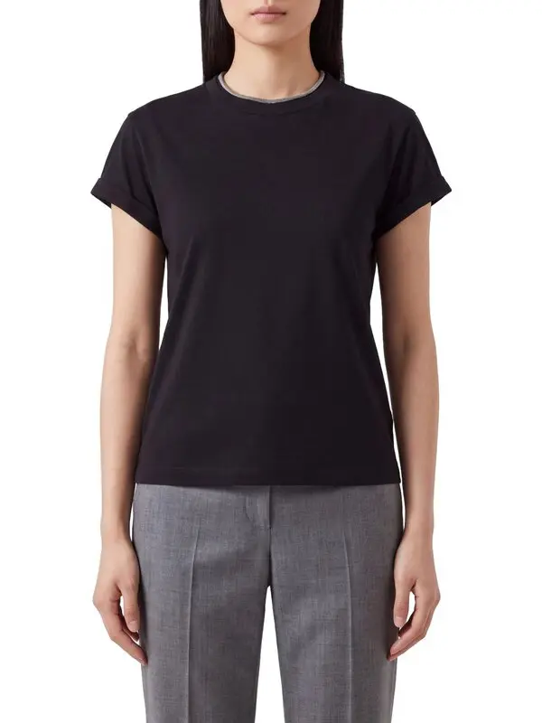 Brunello Cucinelli Stretch Cotton Crewneck T-shirt With Monili Embroidery - Black