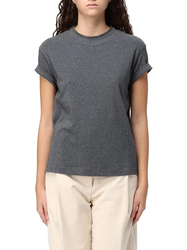 Brunello Cucinelli Stretch Cotton Crewneck T-shirt With Monili Embroidery - Grey
