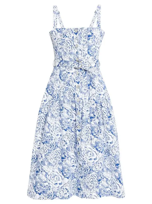 Cinq À Sept Branwen Sketchbook Floral Midi Dress - White/dk Cerule