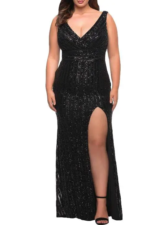 LABOMME Sequin Column Gown With Slit - Black
