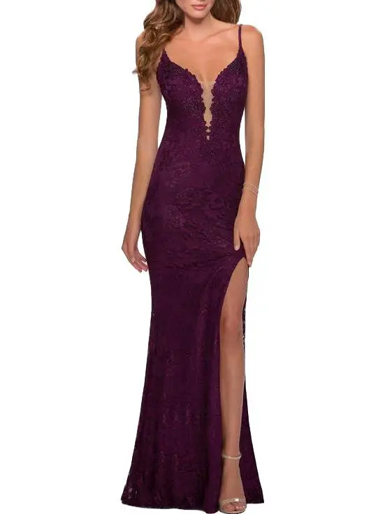LABOMME Lace Gown With Rhinestone Embellishments - Dark Berry