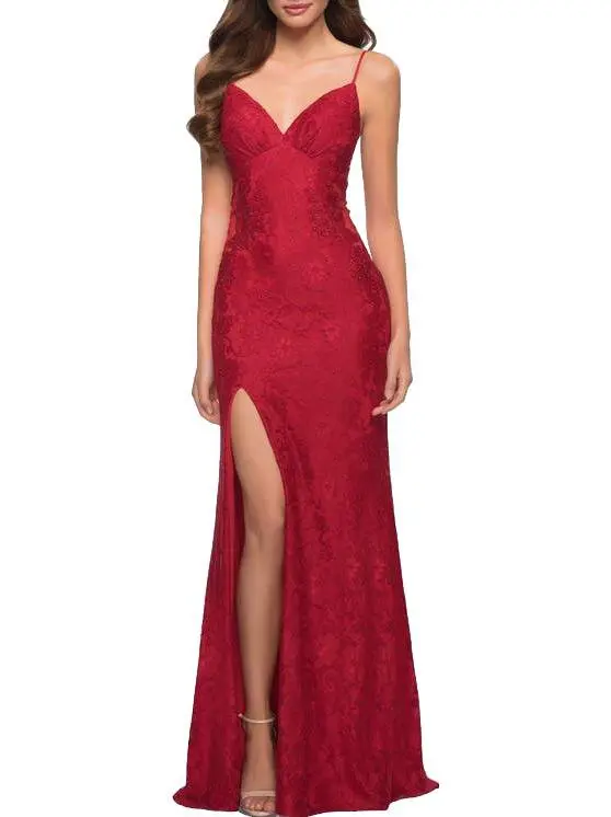 La Femme Lace Long Gown With Slit And Sheer Sides - Red