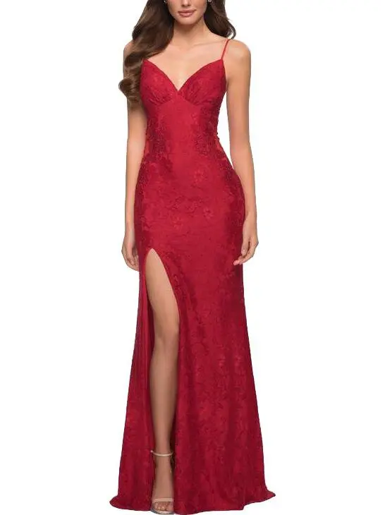 La Femme Lace Long Gown With Slit And Sheer Sides - Red