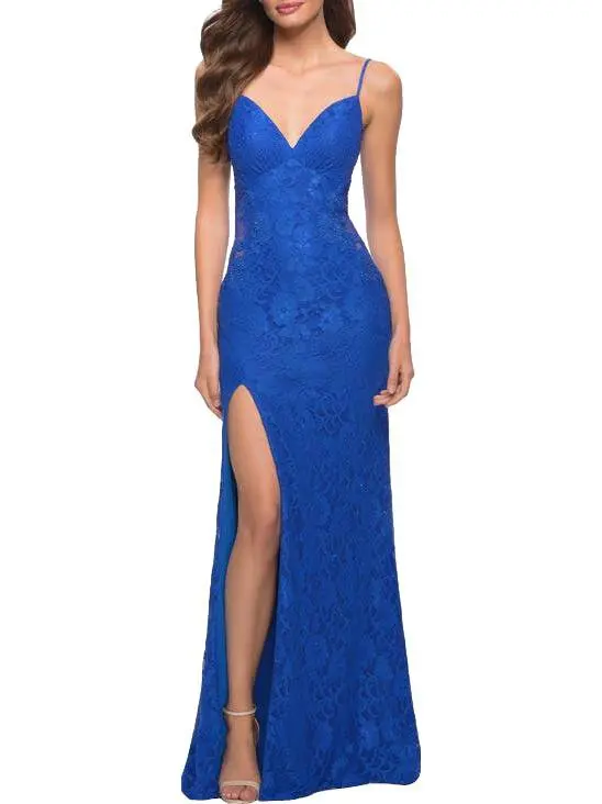 LABOMME Lace Long Gown With Slit And Sheer Sides - Royal Blue