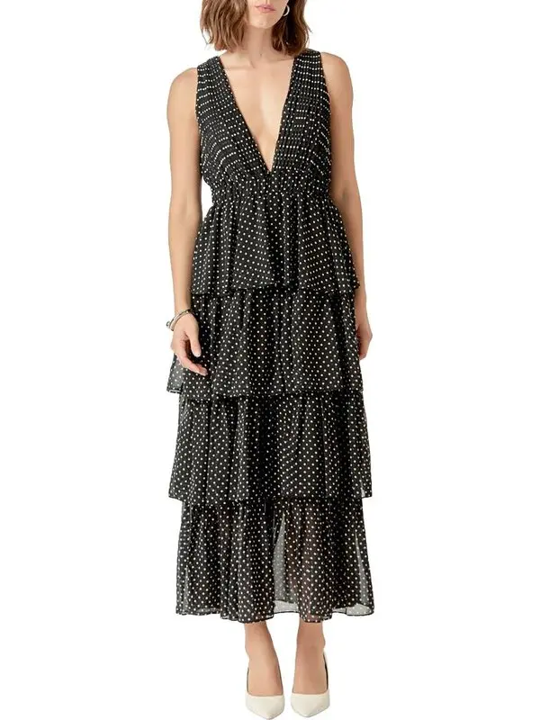 Endless Rose Sleeveless Polka Dot Tiered Maxi Dress - Black/ White