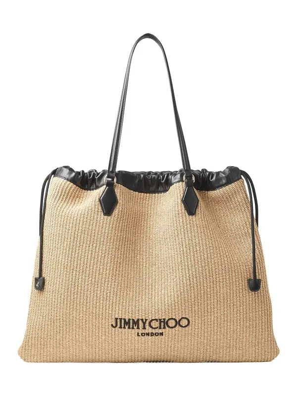 JIMMY CHOO Large Raffia Tote With Leather Details And Embossed Logo - Natural/black/light Gold