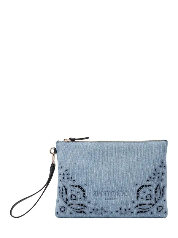 JIMMY CHOO Zipped Flat Pouch Blue Haze Denim Pouch With Sangallo Embroidery - Blue Haze/light Gold