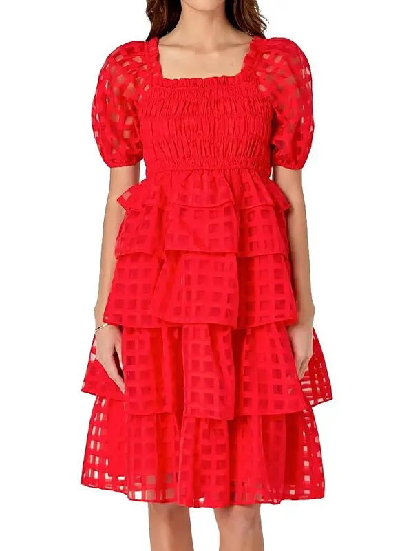 English Factory Check Organza Tie Midi Dress - Red