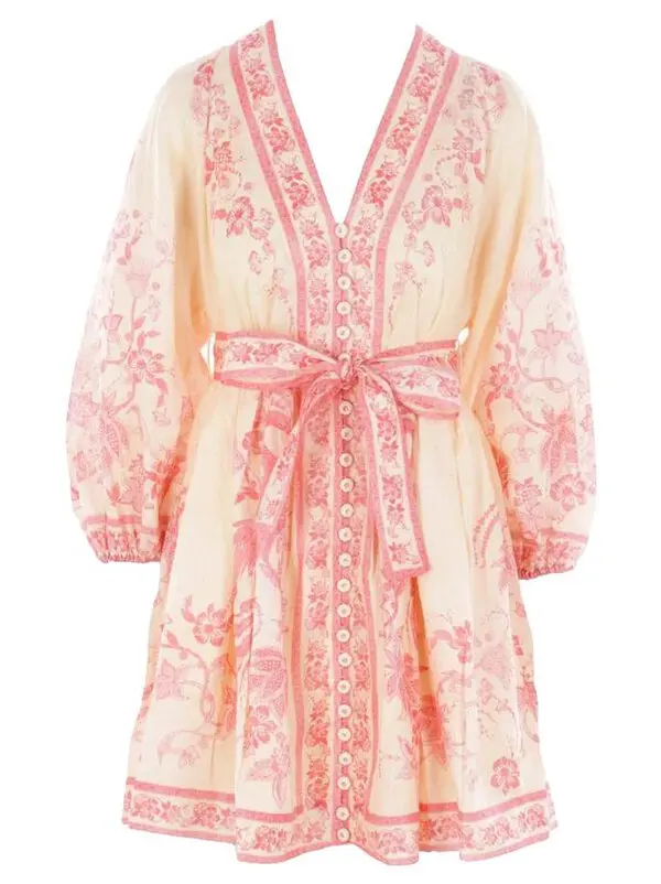 Zimmermann Floral Print Linen Mini Dress - Cream+pink Floral